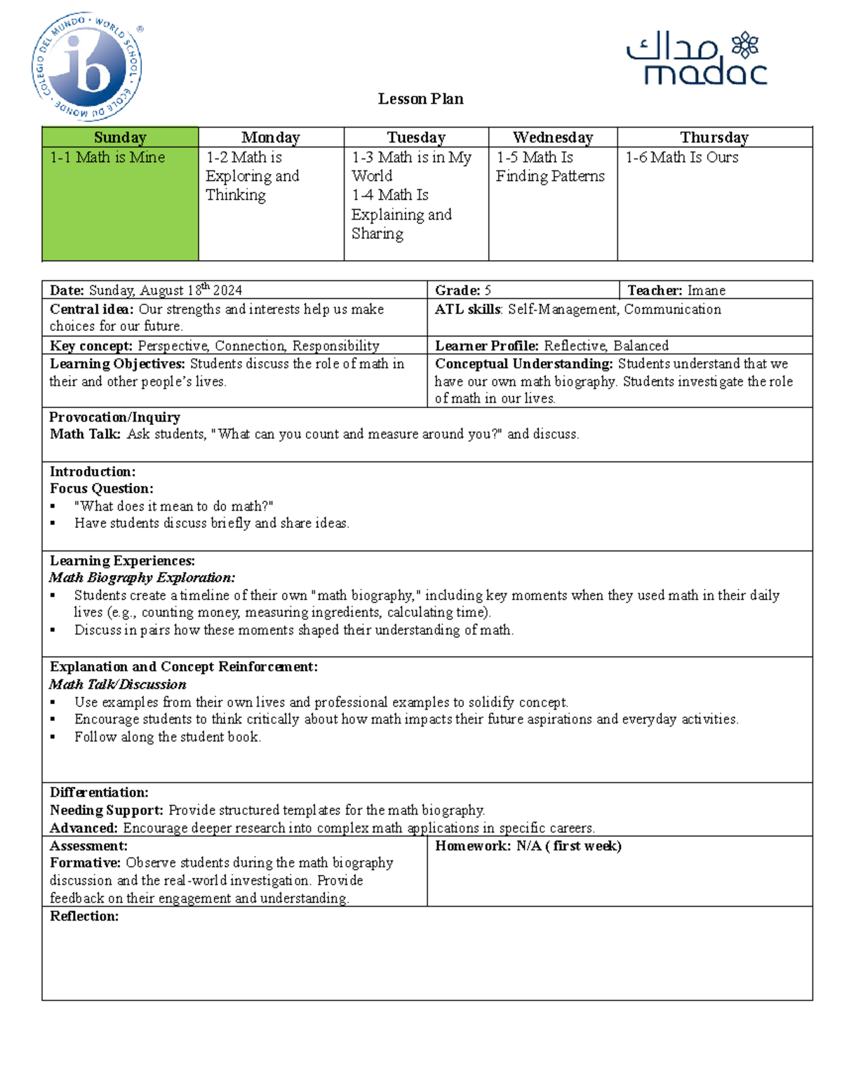 1-1 Math is Mine - ASD - Lesson Plan Sunday Monday Tuesday Wednesday ...