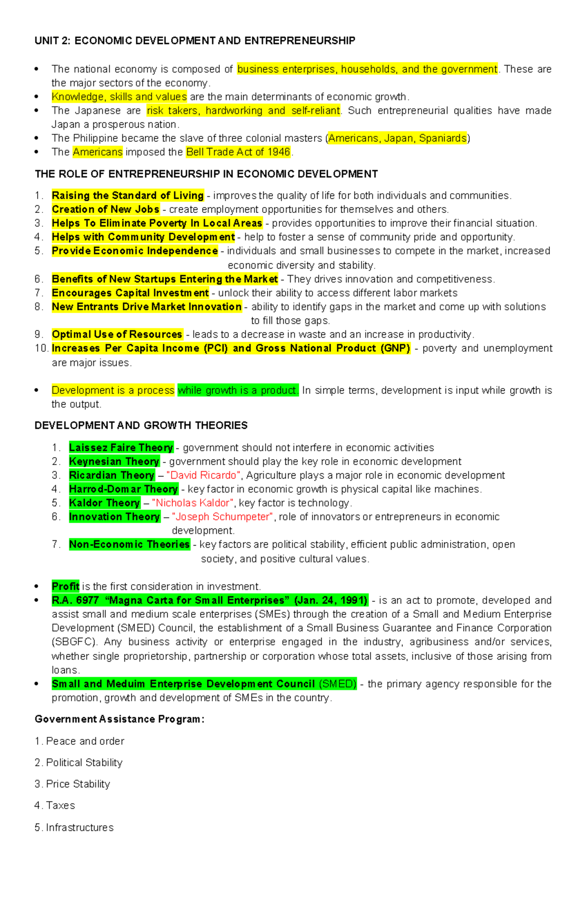 Entrep Reviewer - UNIT 2: ECONOMIC DEVELOPMENT AND ENTREPRENEURSHIP The national economy is ...