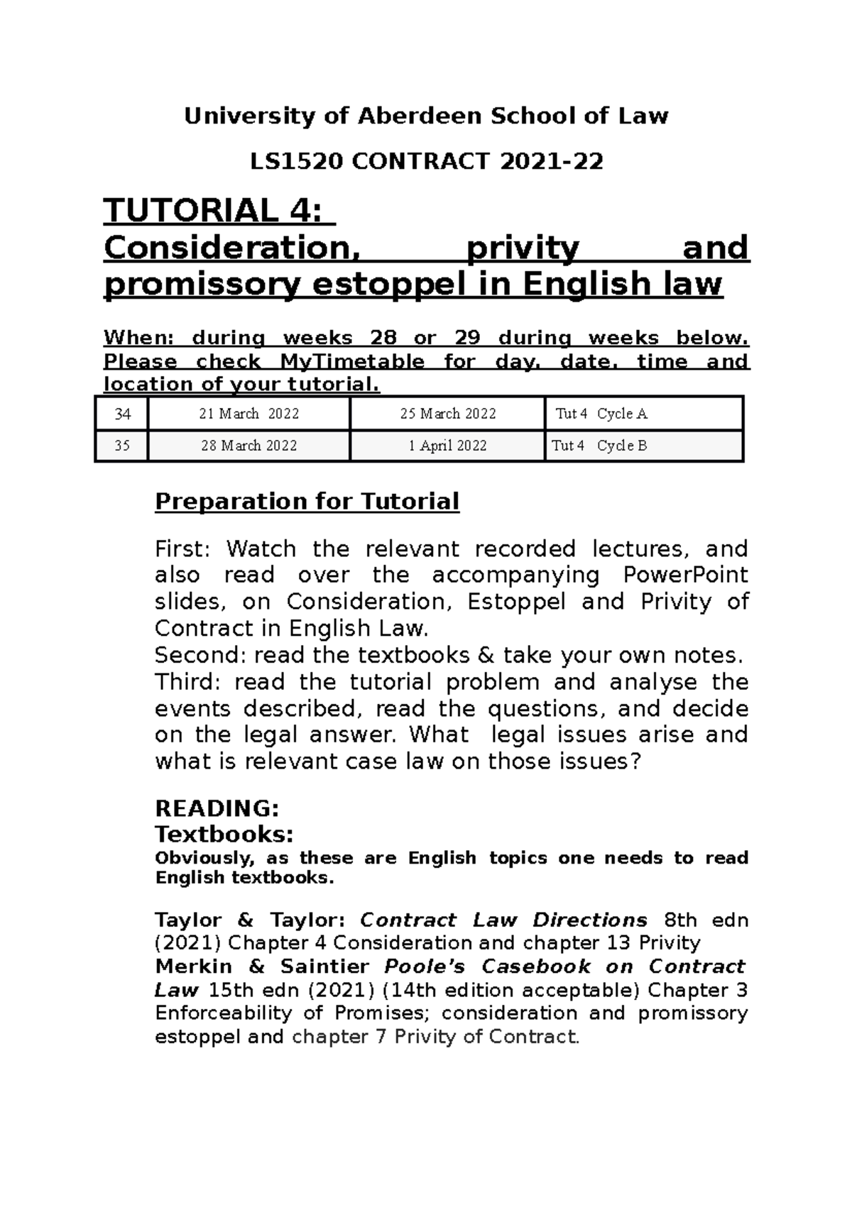 Delict and Unjustified Enrichment- Tutorial 4 - University of Aberdeen School of Law LS1520 ...