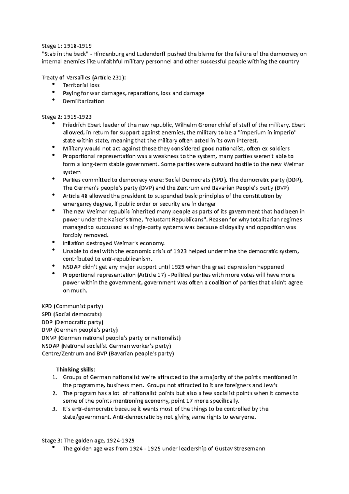 Weimar Republic Stages 1 - 6 - Stage 1: 1918- "Stab in the back ...