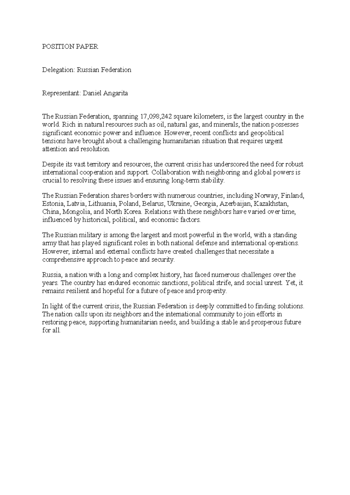 Position Paper - papel de poscion ejemplo para modelo UN - POSITION ...