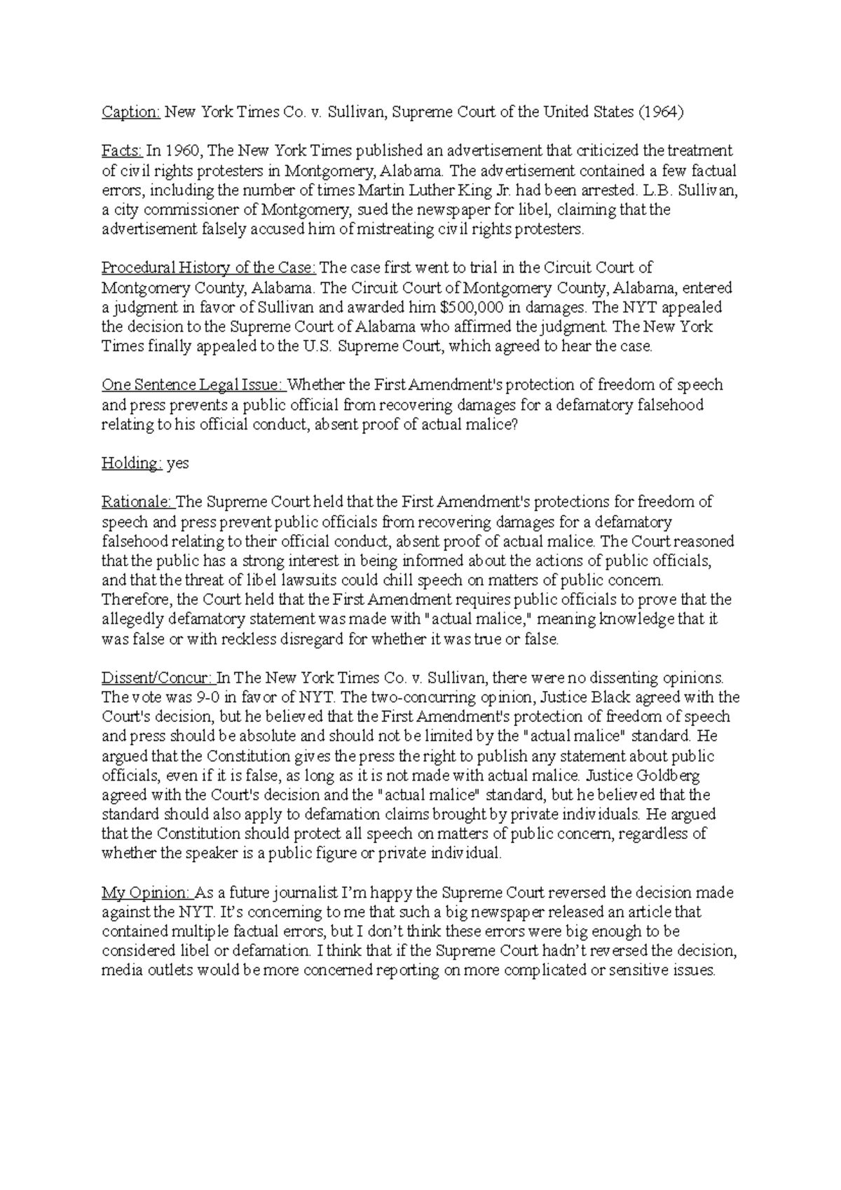 NYT v. Sullivan - Caption: New York Times Co. v. Sullivan, Supreme ...