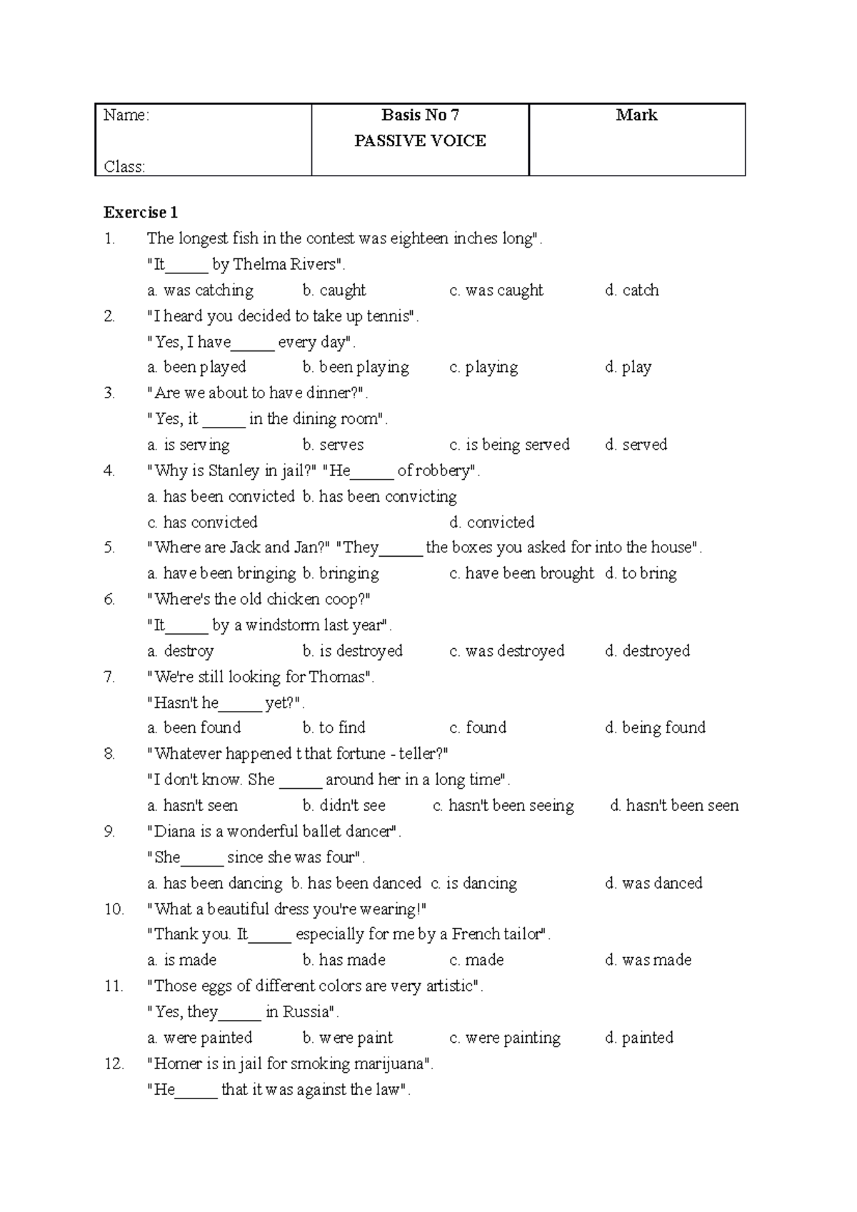 Bài LT passive voice + reported speech 8:1:2023 - có keys - Name: Class ...