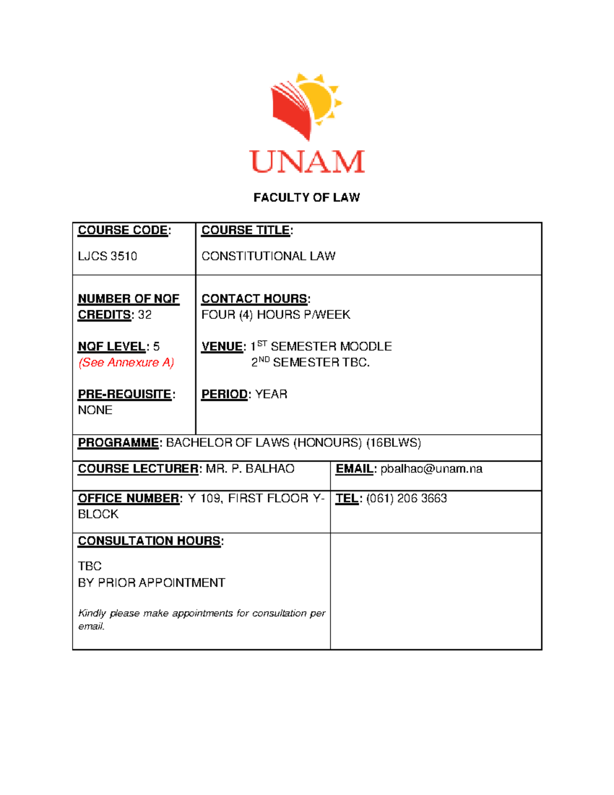 Course Outline Constitutional Law 2021 - FACULTY OF LAW COURSE CODE ...