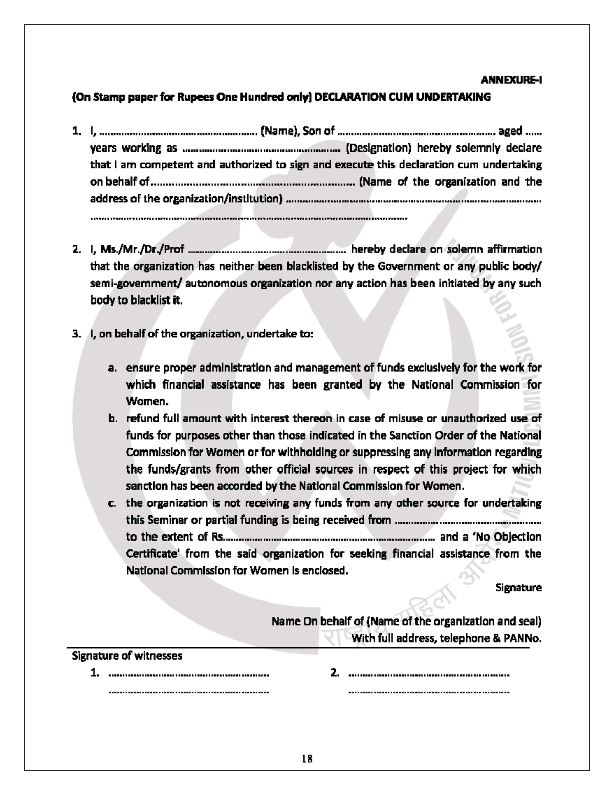 Annex NWC - (On Stamp paper for Rupees One Hundred only) DECLARATION ...