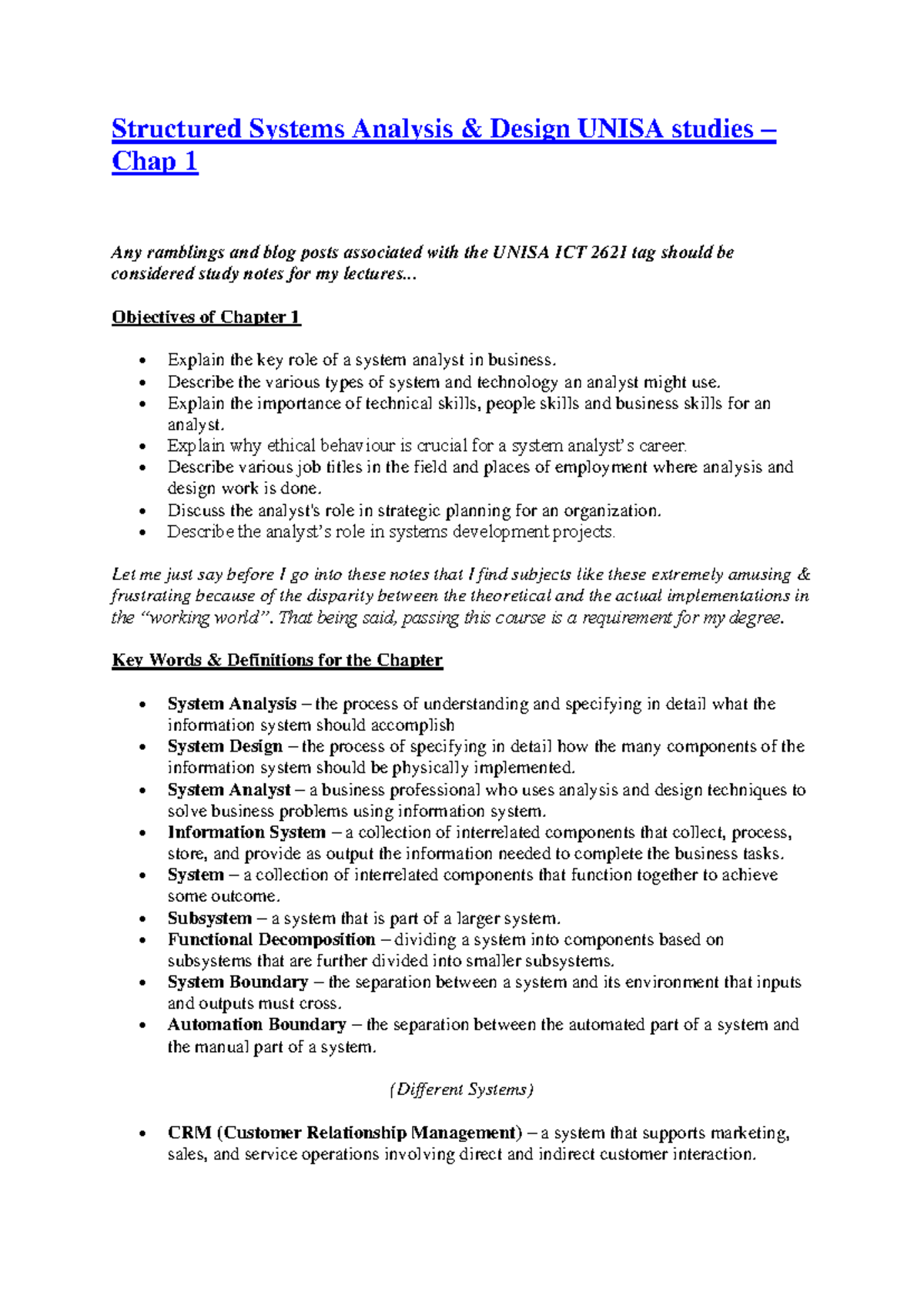 Ict2621 Structured Systems Analysis Designmain Notes Structured Systems Analysis And Design