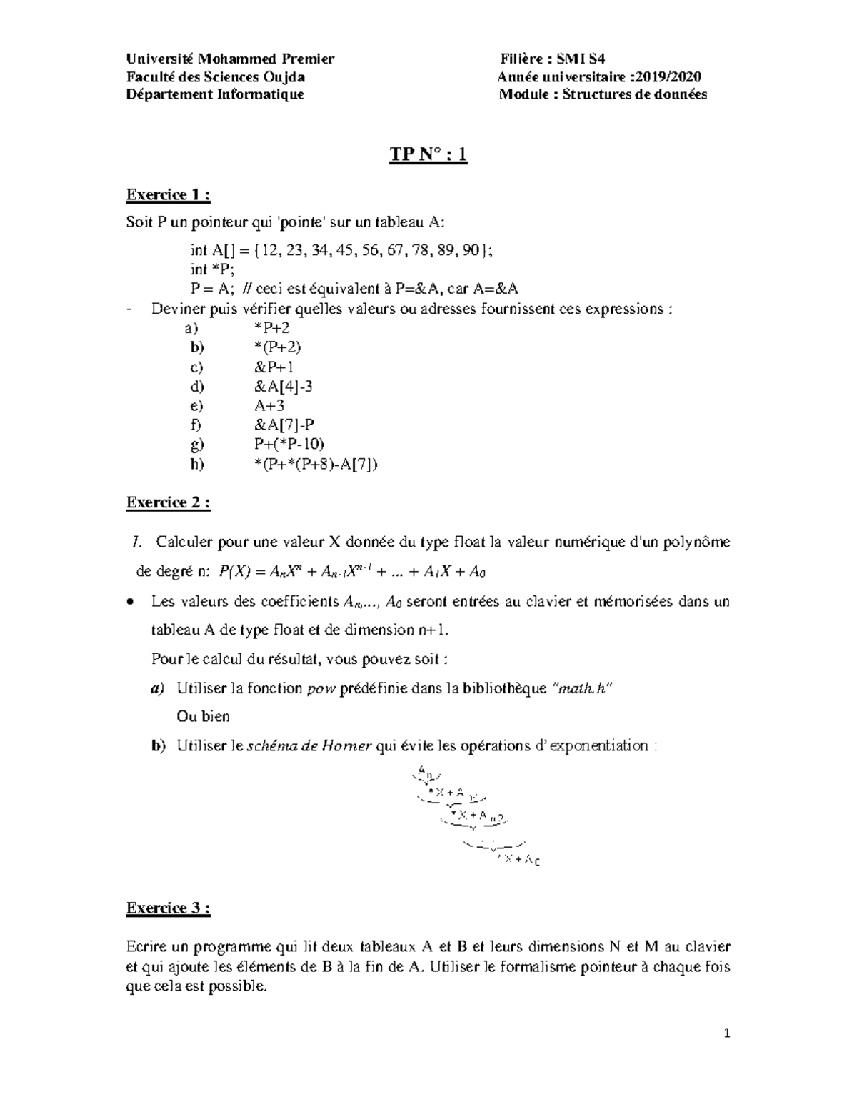 Tp N° 1 Structures De Données Université Mohammed Premier Filière Smi S Faculté Des