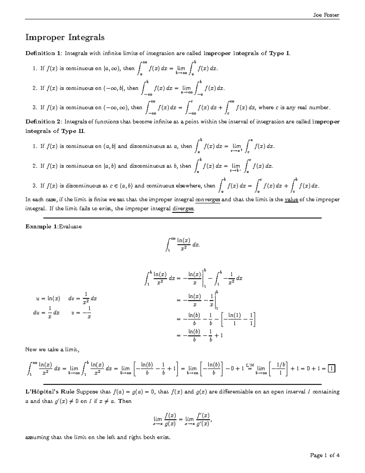 Improper Integrals - PRACTICE QUESTIONS - Joe Foster Improper Integrals ...