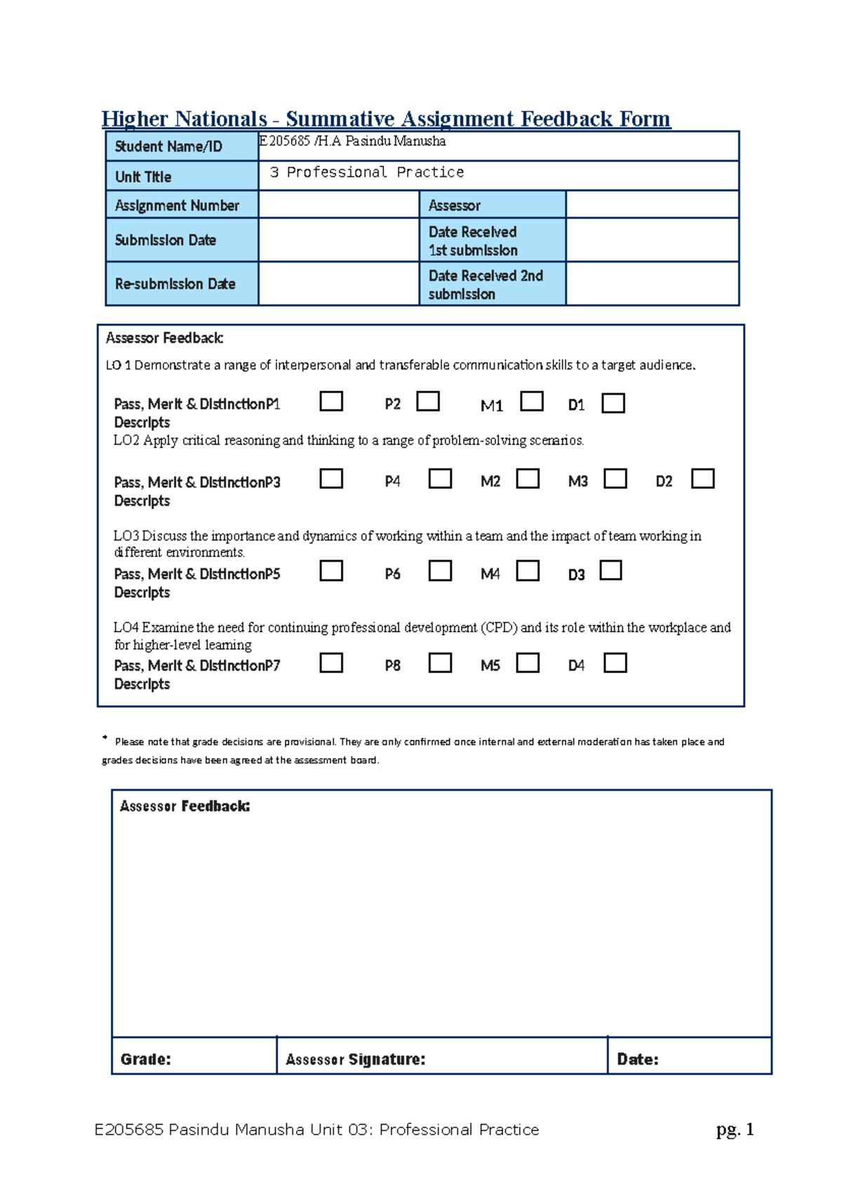 E205685-Unit 03 professional practice Assignment 2024 - Higher Nationals - Summative Assignment ...