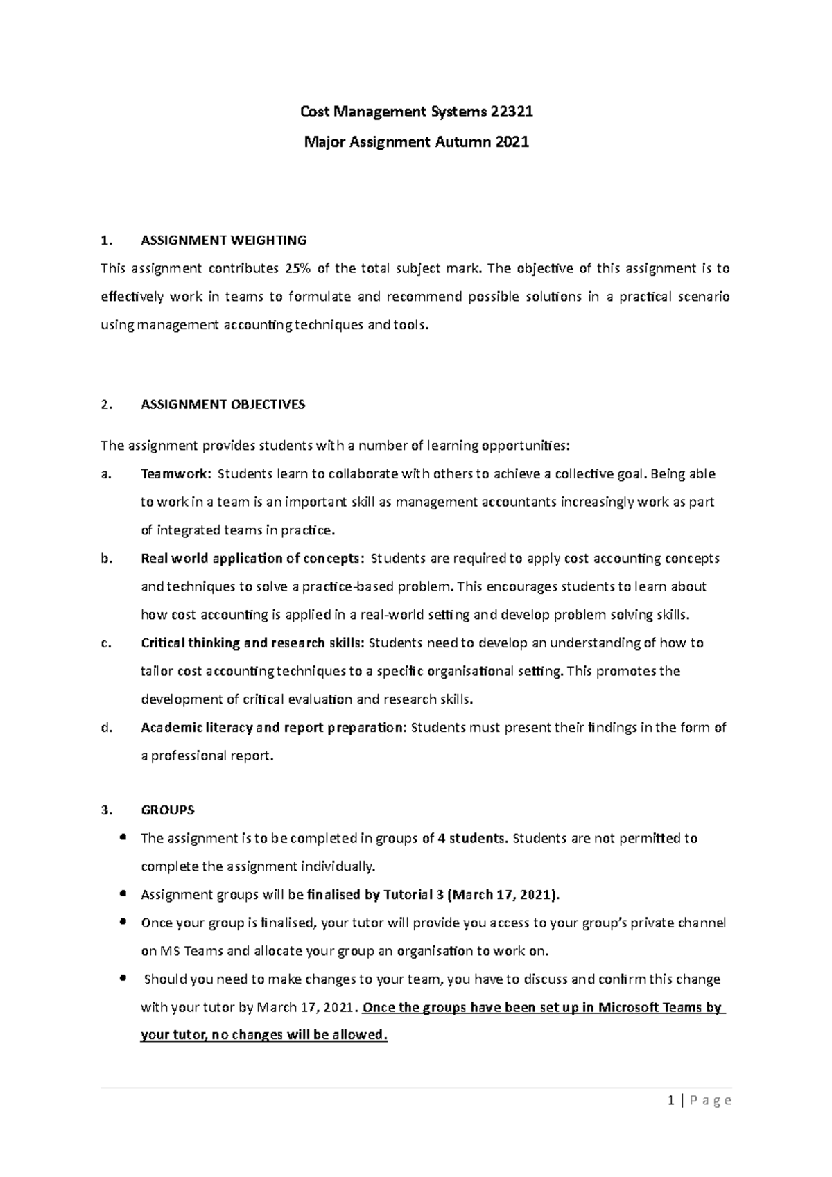 Assignment Brief - Cost Management Systems 22321 Major Assignment ...