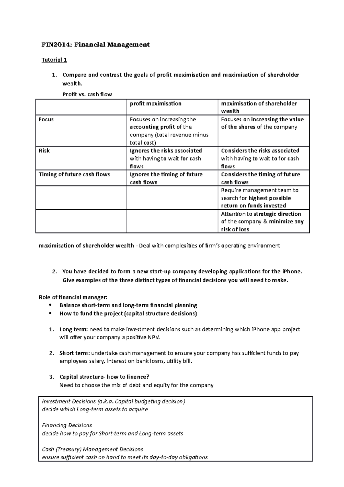 Financial management Tutorial 1 - BSc Accounting and Finance - Studocu