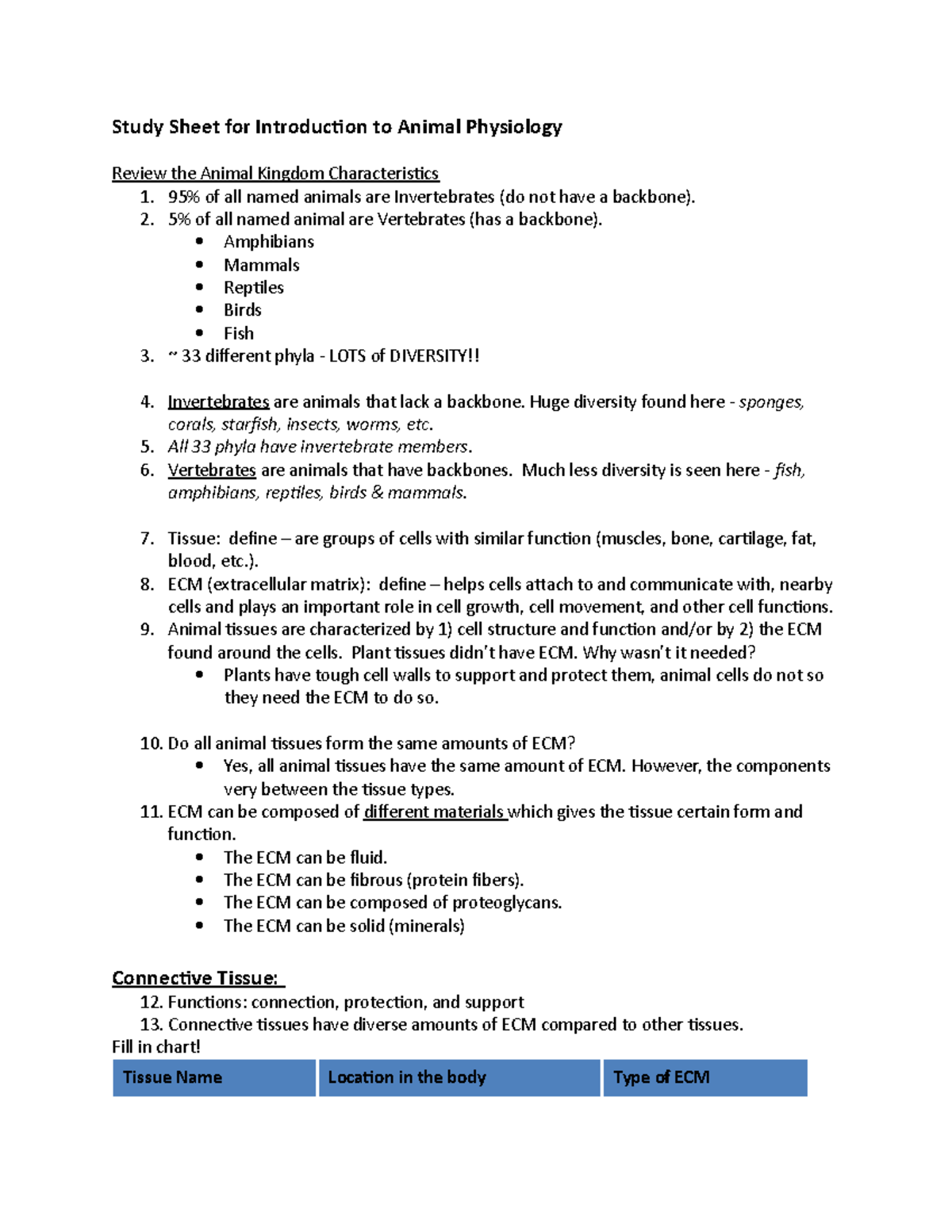 1 Introduction to Animal Physiology - Study Sheet for Introduction to ...