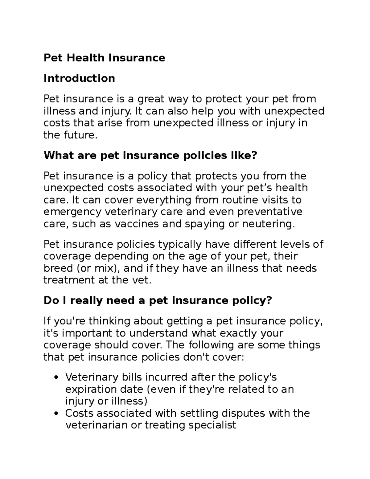 Comparing the different plans available - Pet Health Insurance ...