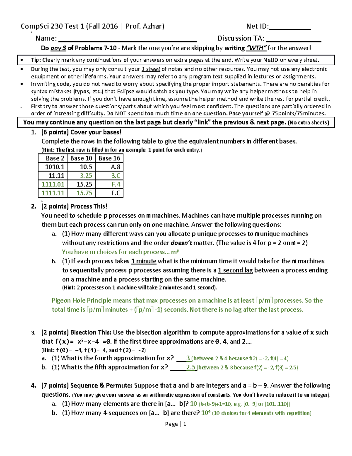 Comp Sci 230 Test 1 - \ Name: Discussion TA: Do any 3 of Problems 7- 10 ...