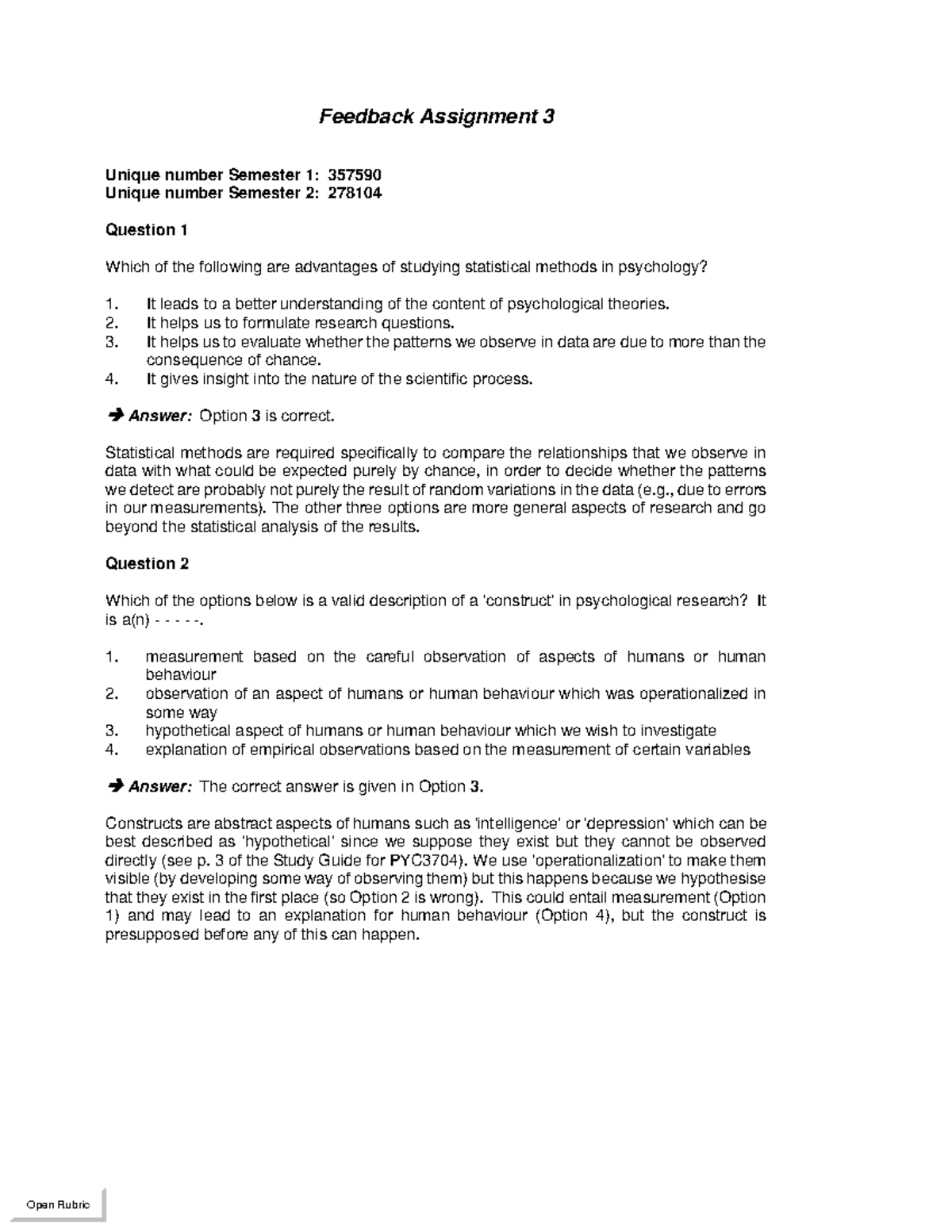 Feedback assignment 3and4 - Feedback Assignment 3 Unique number ...