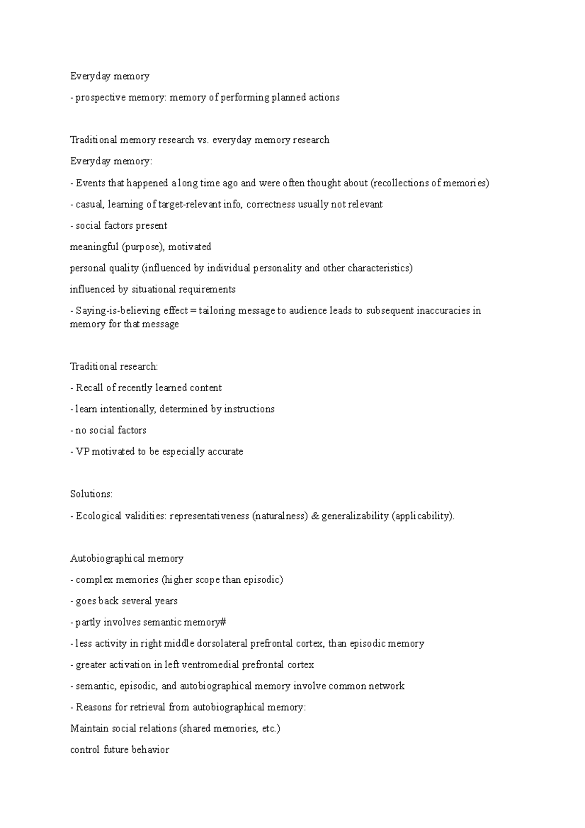 Everyday memory - Lecture notes 6 - Everyday memory prospective memory ...