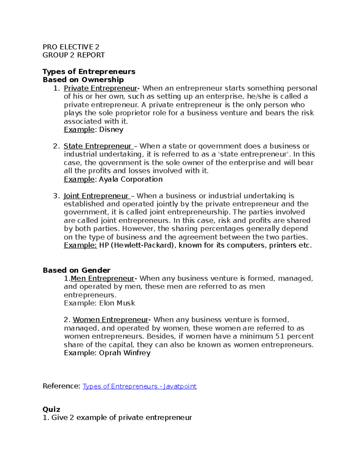 Entrepreneurship Types - PRO ELECTIVE 2 GROUP 2 REPORT Types of Entrepreneurs Based on Ownership ...