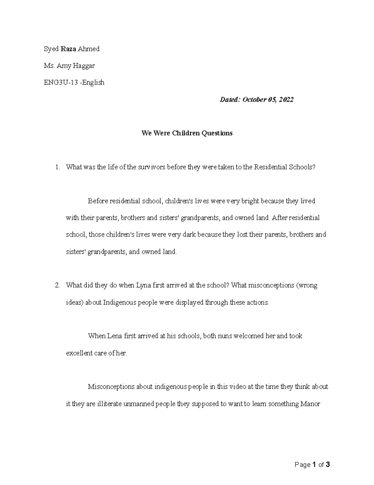 We Were Children Questions -Syed Raza Ahmed -20221005 - Syed Raza Ahmed ...