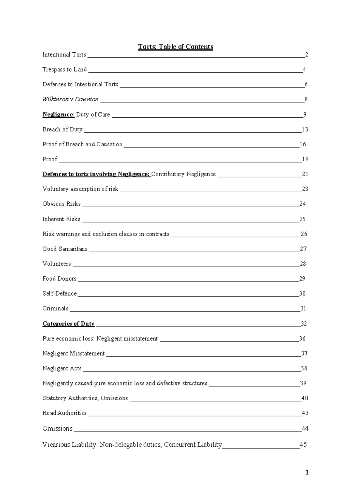 Torts Exam Notes - Warning: TT: undefined function: 32 Torts: Table of ...