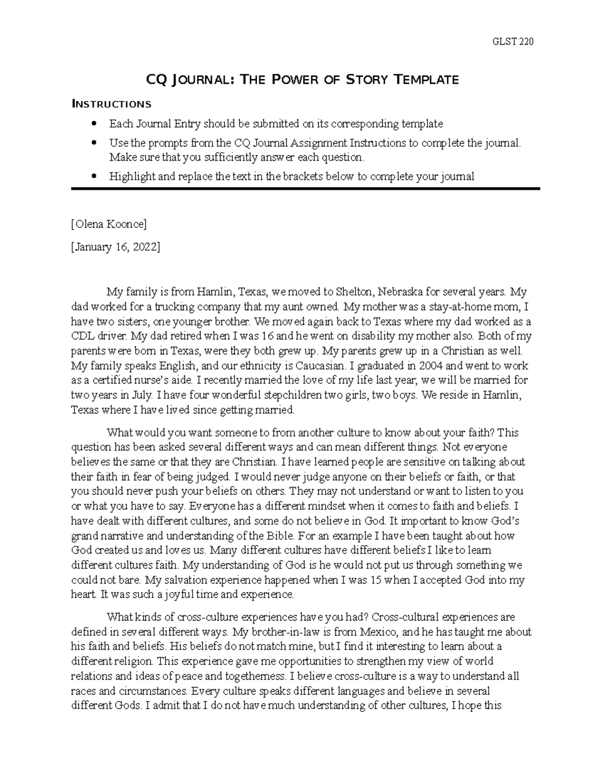 CQ Journal The Power of Story Template - GLST 220 CQ JOURNAL: THE POWER ...