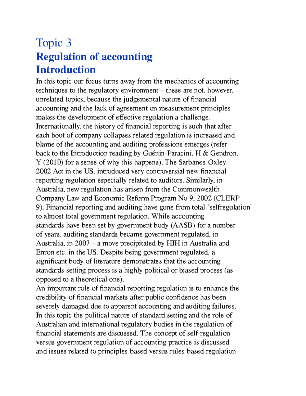 Topic 3 - Lecture notes 3 - Topic 3 Regulation of accounting ...