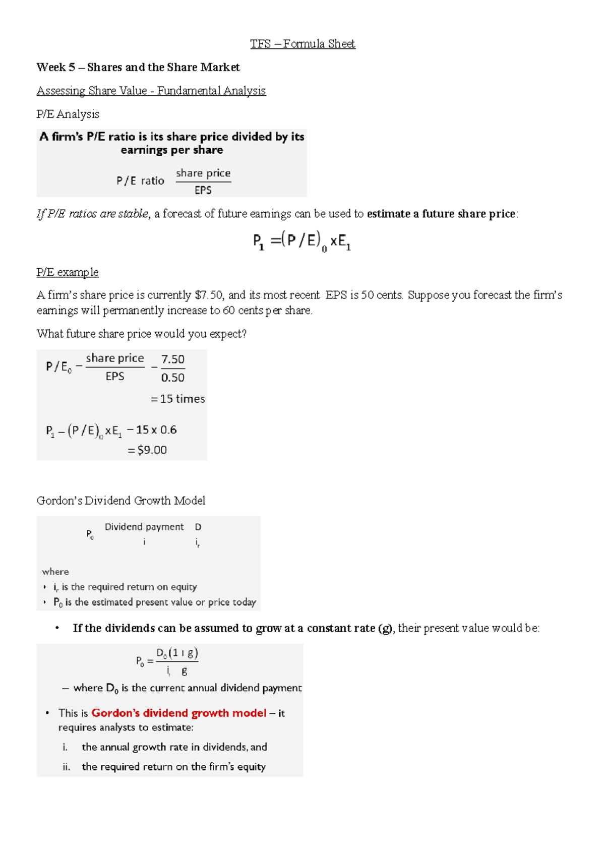 Formula Sheet for TFS - TFS – Formula Sheet Week 5 – Shares and the ...