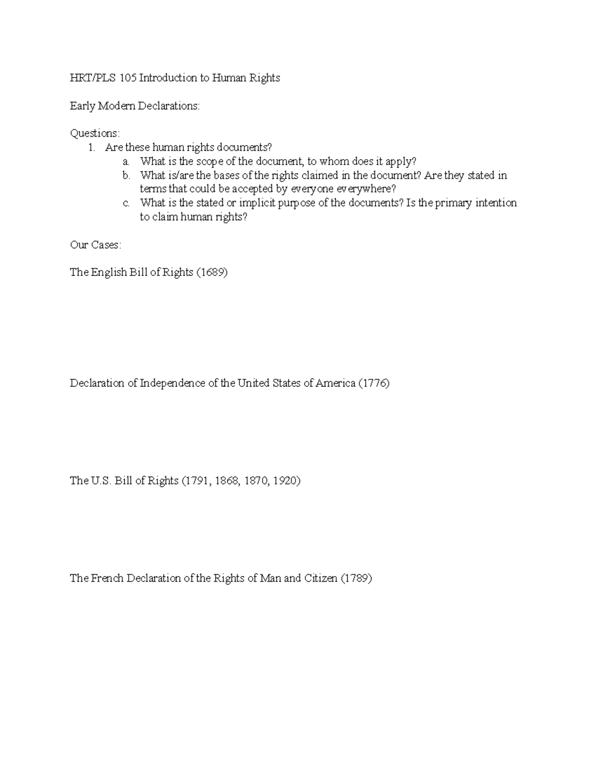 HRT Handout on Early Rights Declarations - HRT/PLS 105 Introduction to ...