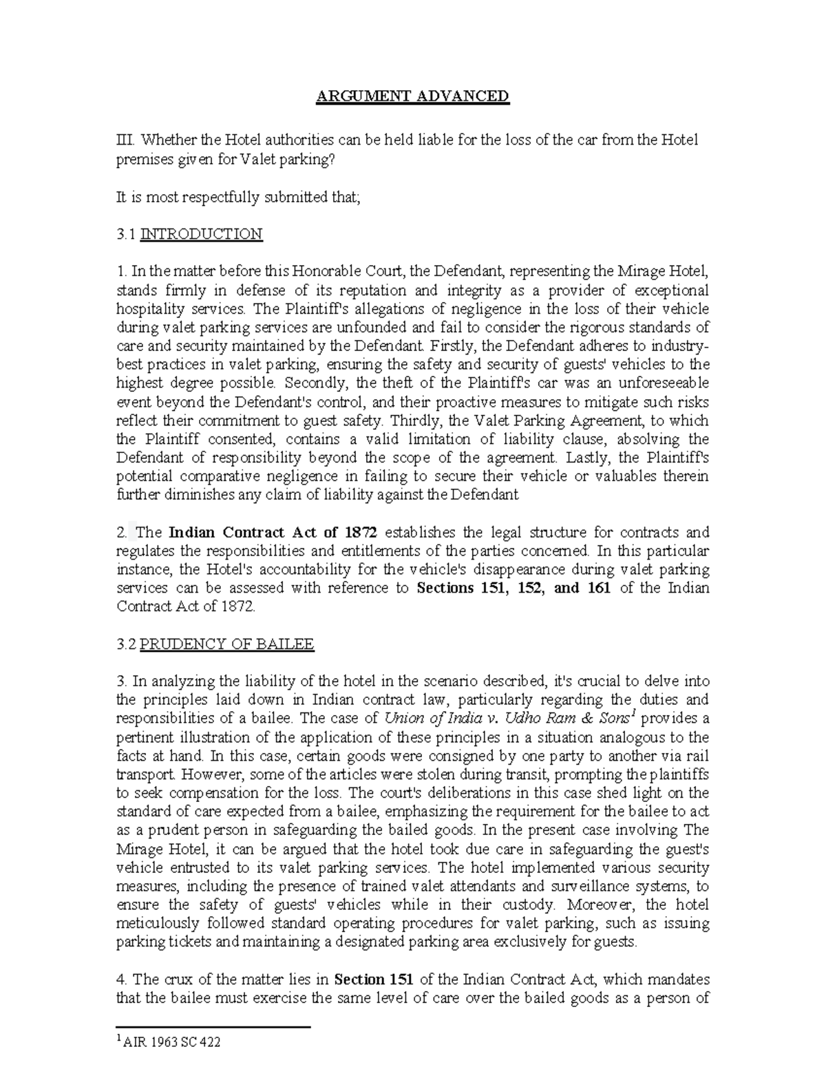 Arguments 3 issue defendant - ARGUMENT ADVANCED III. Whether the Hotel ...