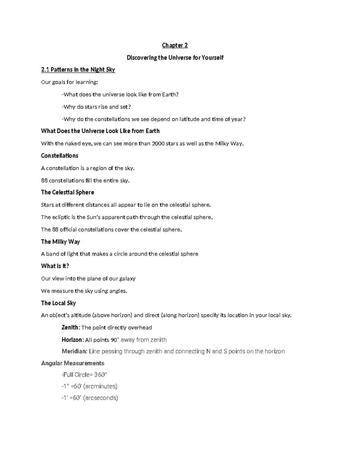 AST Chapter 2 notes - Chapter 2 Discovering the Universe for Yourself 2 ...