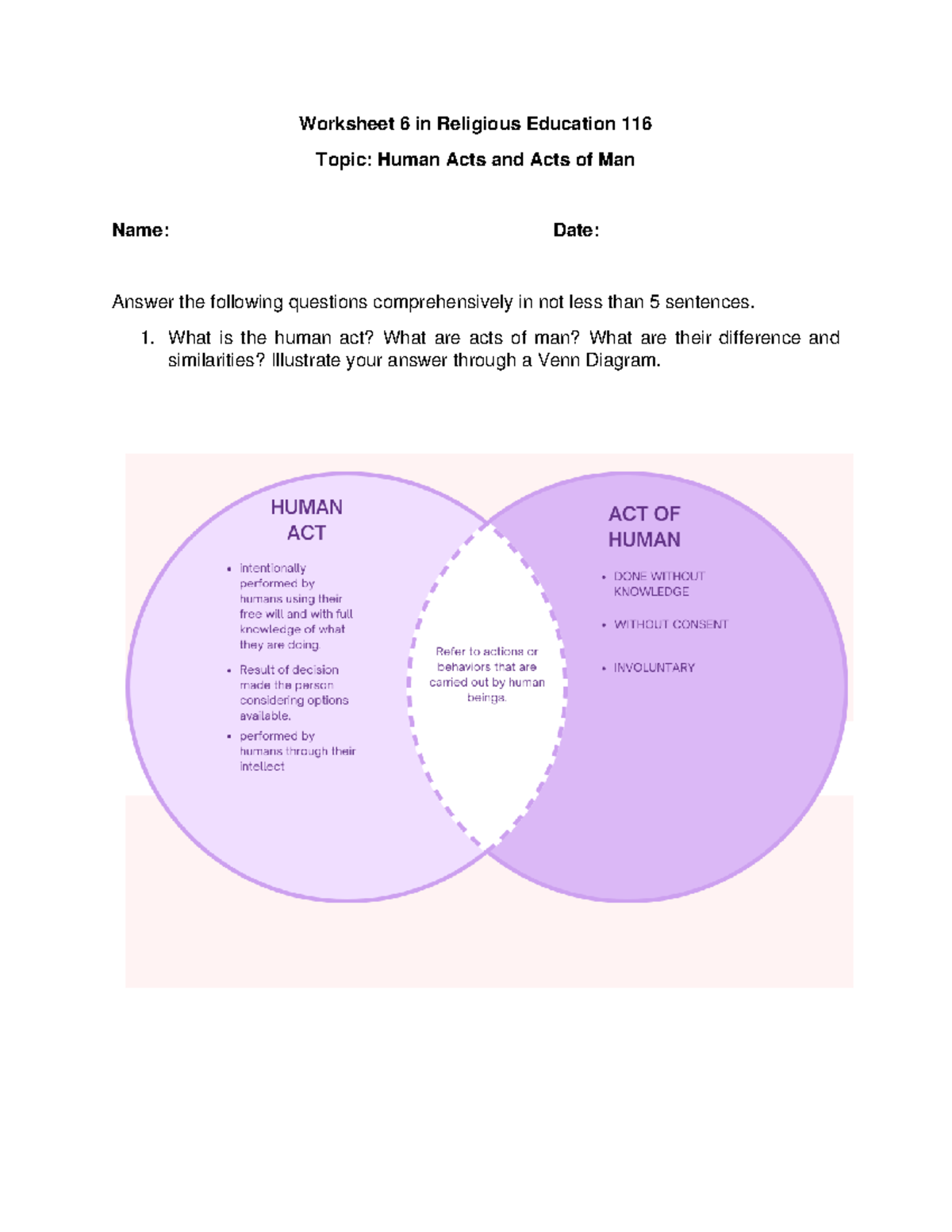 Worksheet RE116 - Worksheet 6 in Religious Education 116 Topic: Human ...