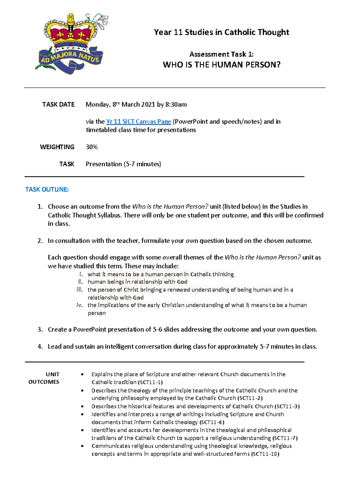 Studies of Catholic Thought Assessment Term 1 - Year 11 Studies in ...