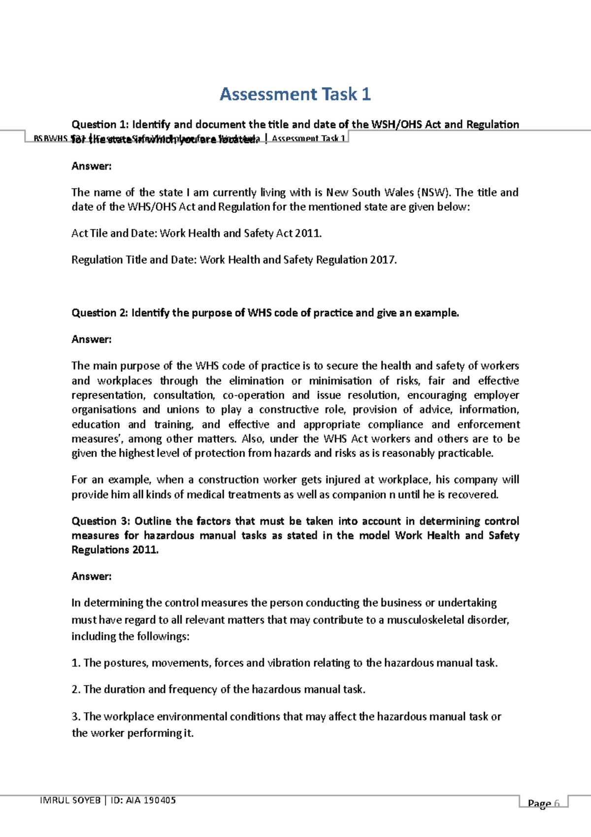 Bsb502 - task 1 - BSBWHS 521 | Ensure a Safe Workplace for a Work Area ...