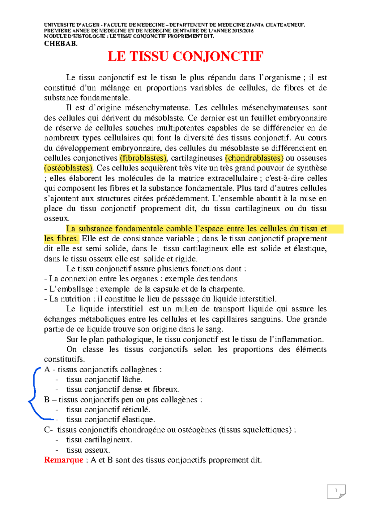 Tisuu conjonctif - PREMIERE ANNEE DE MEDECINE ET DE MEDECINE DENTAIRE ...