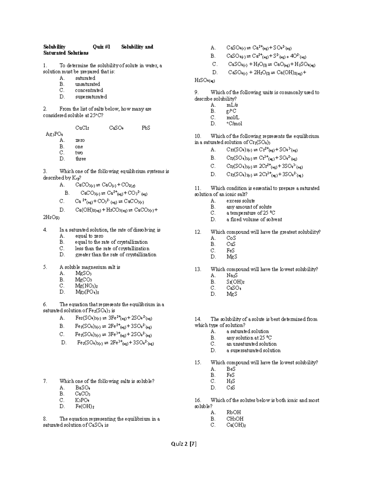 quizzes all student - Solubility Quiz #1 Solubility and Saturated ...
