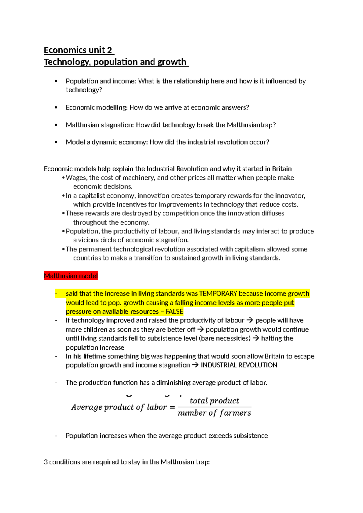 Economics unit 2 - summary - Economics unit 2 Technology, population ...