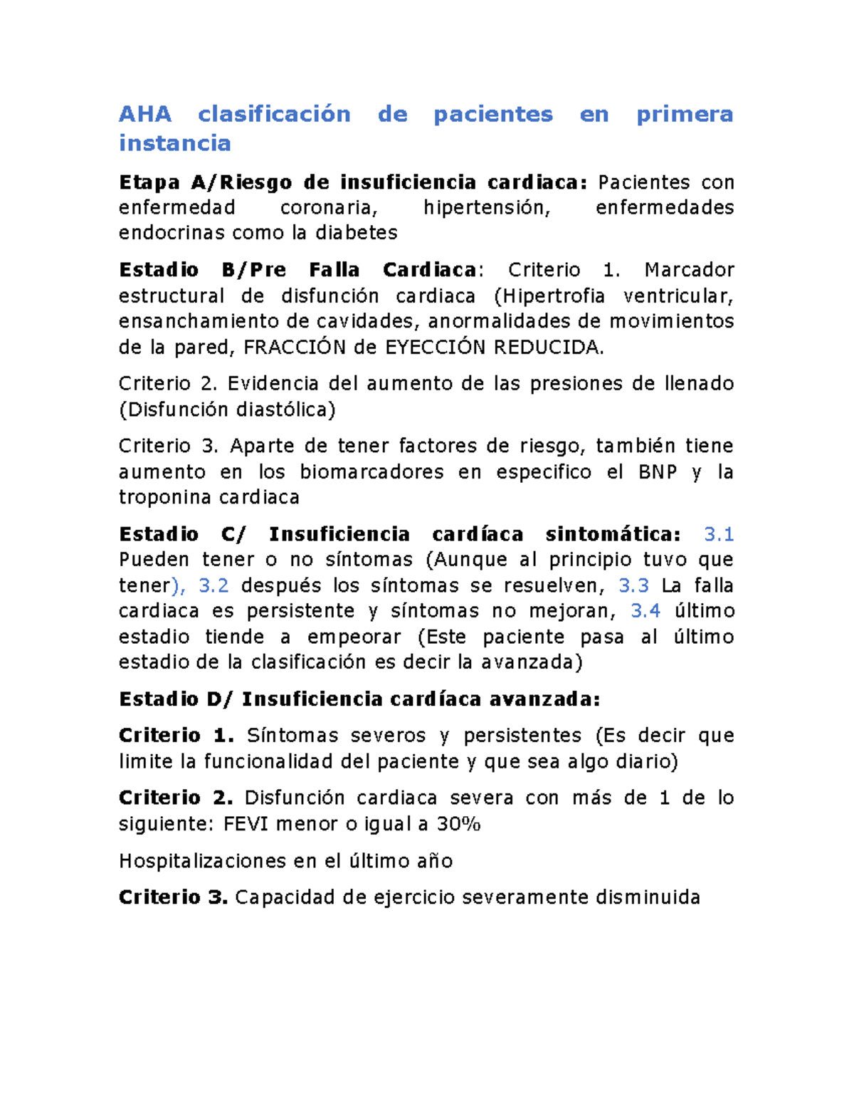 AHA clasificación de pacientes en primera instancia - AHA clasificación ...