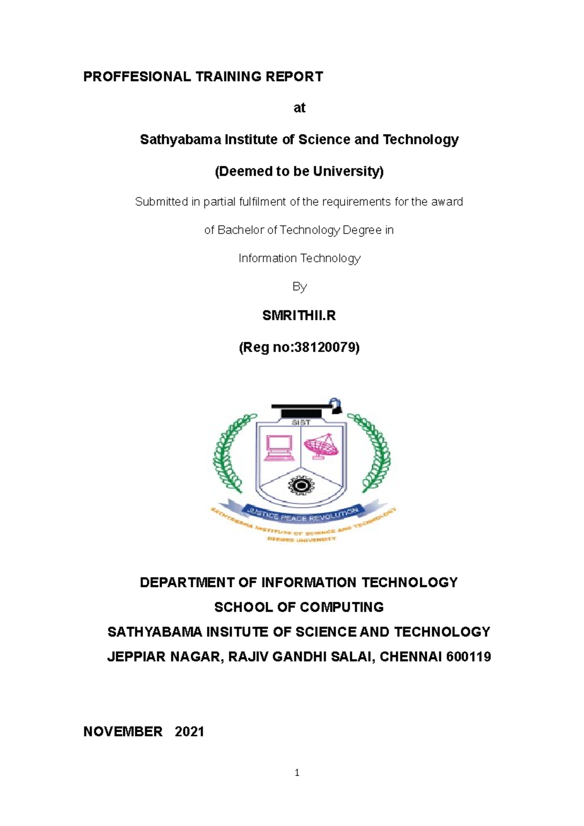 1822pt2-b - 1 PROFFESIONAL TRAINING REPORT at Sathyabama Institute of ...
