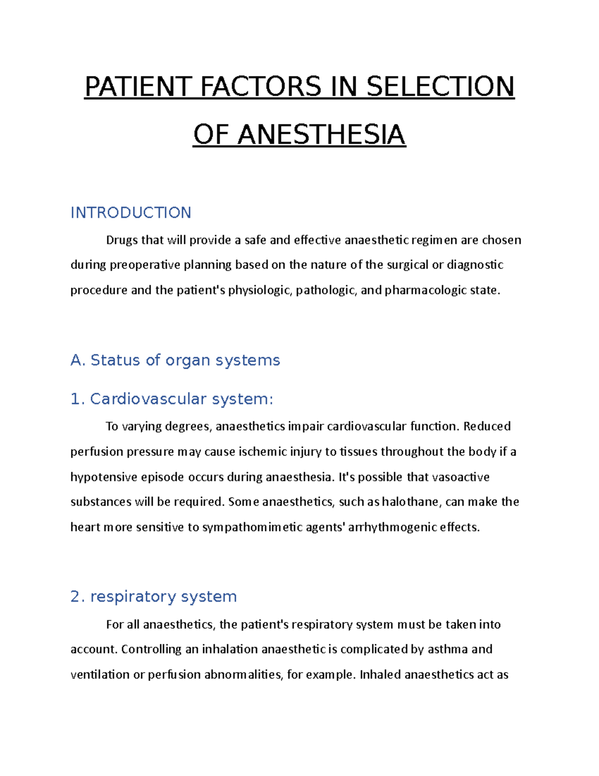 Patient Factors IN Selection OF Anesthesia - PATIENT FACTORS IN ...