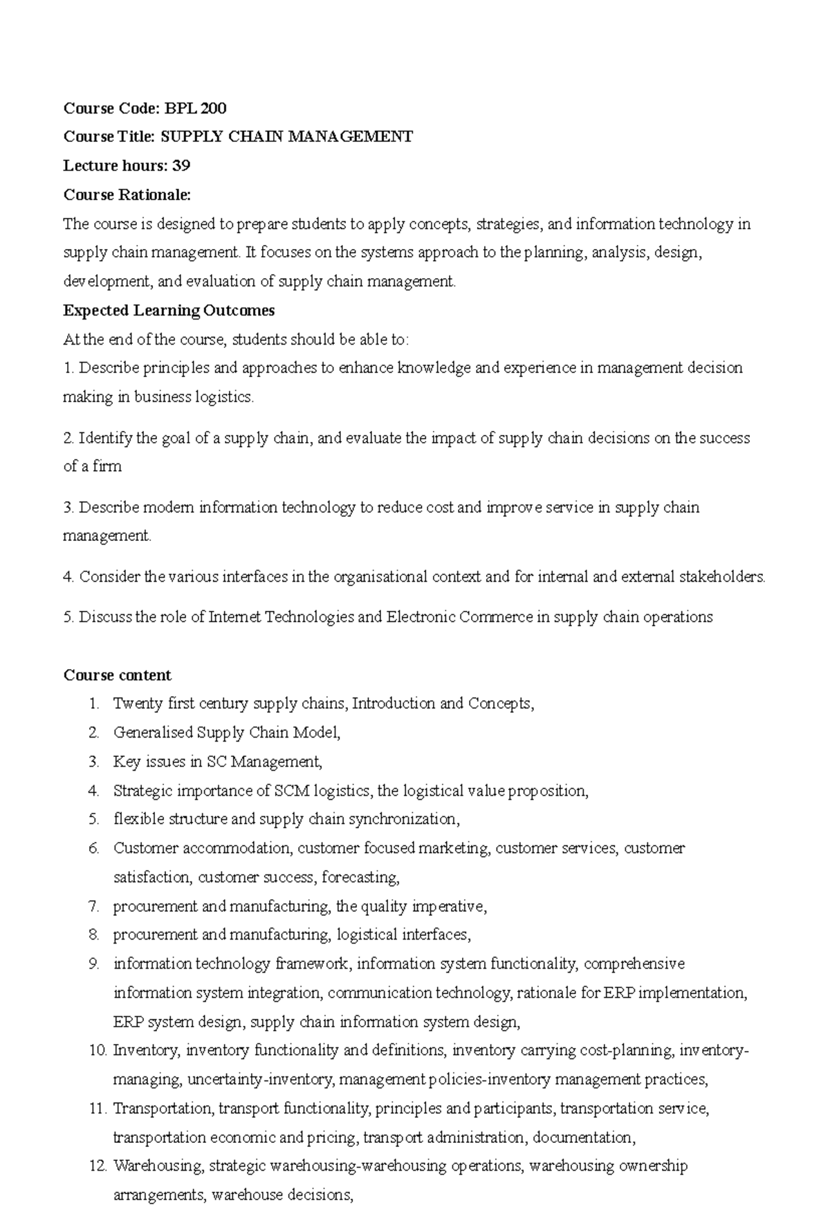 SCM - Course Outline - Read - Course Code: BPL 200 Course Title: SUPPLY ...