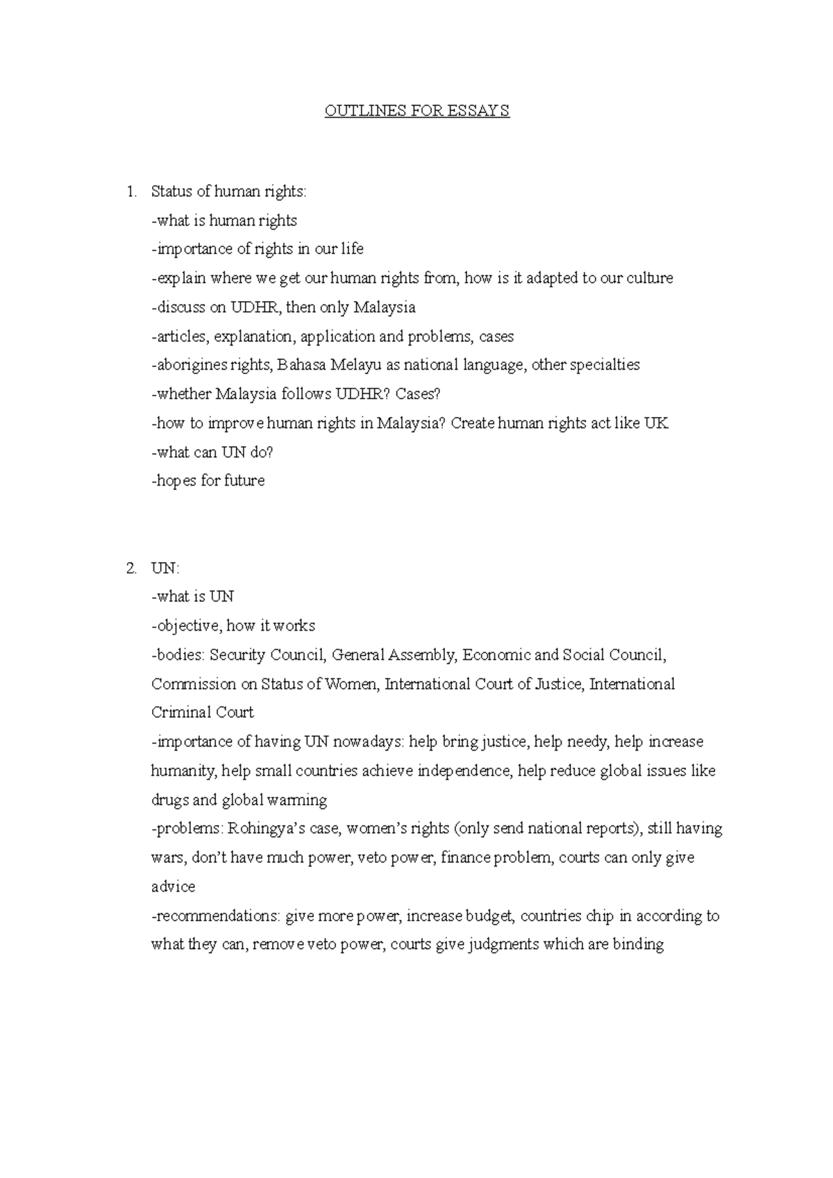 Outline for Essays - tuto - OUTLINES FOR ESSAYS Status of human rights ...