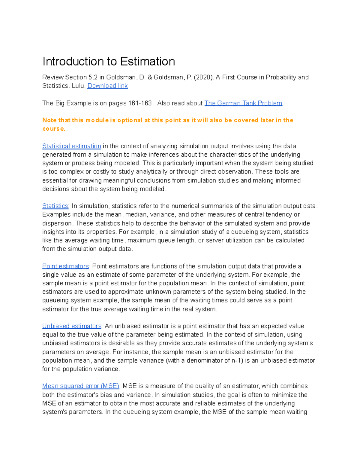M2L14 Introduction to Estimation - Introduction to Estimation Review Section 5 in Goldsman, D ...