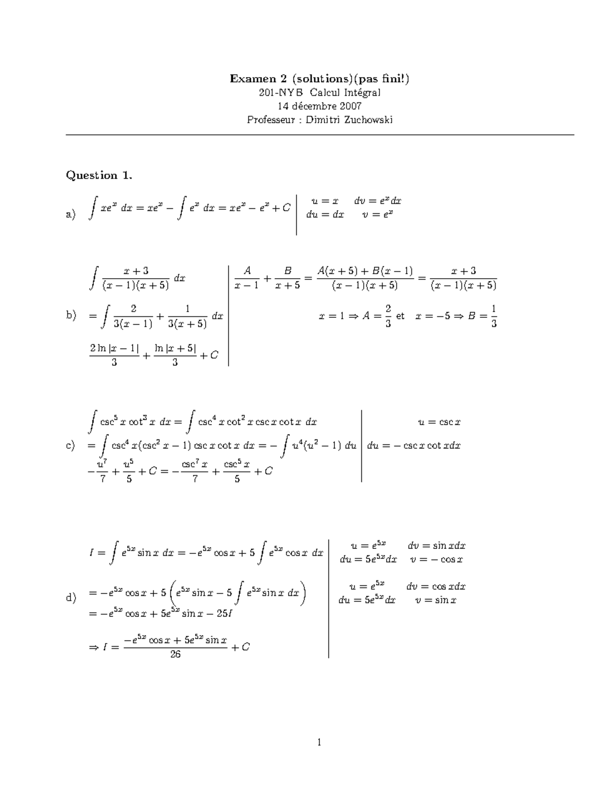 Exam2nybsol - aaaaaaaaaaa - Examen 2 (solutions)(pas fini!) 201-NYB Calcul Int ́egral 14 d ...