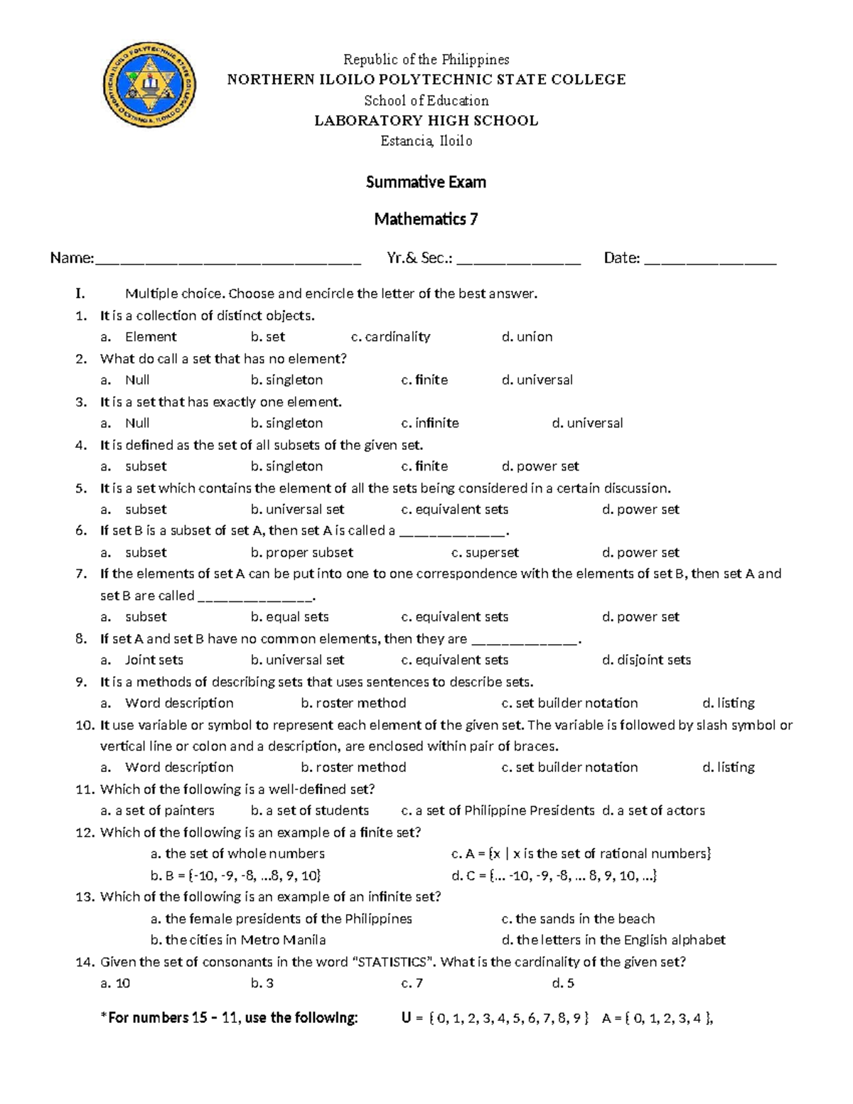1st Summ. Set - Summative - Republic of the Philippines NORTHERN ILOILO POLYTECHNIC STATE ...