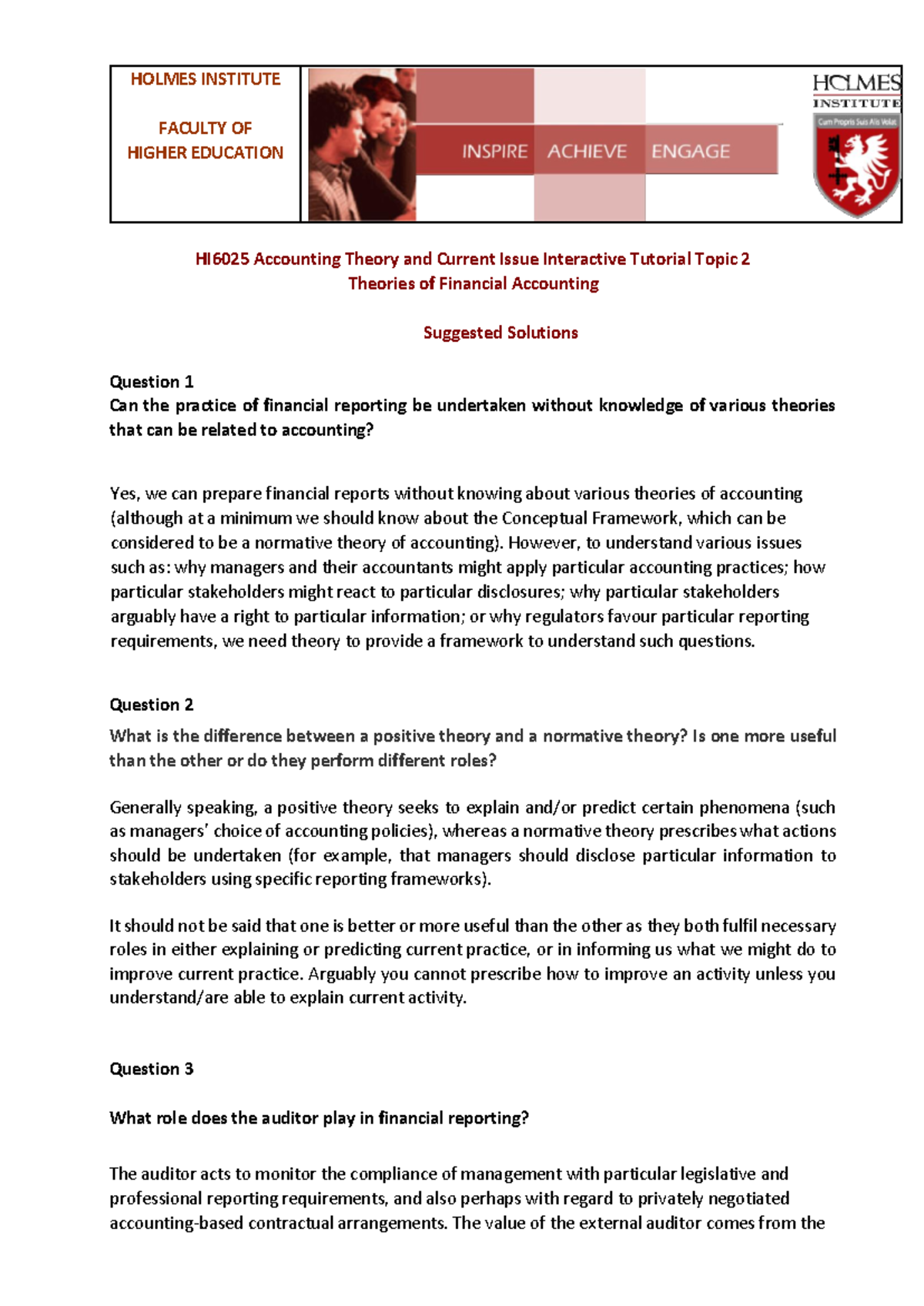 Accounting theory- tutorial - HOLMES INSTITUTE FACULTY OF HIGHER ...