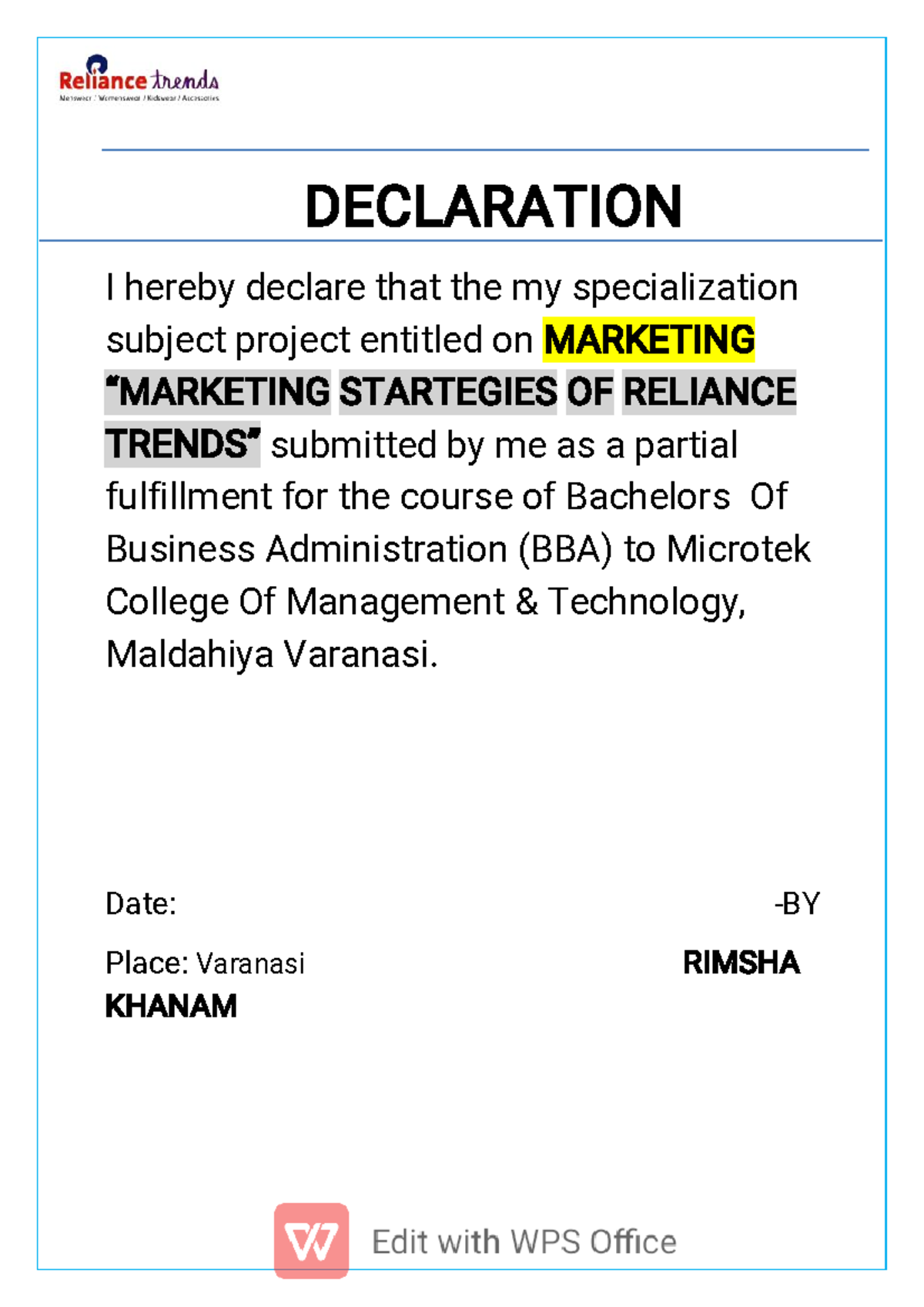 Declaration OF Project - DECLARATION I hereby declare that the my specialization subject project ...