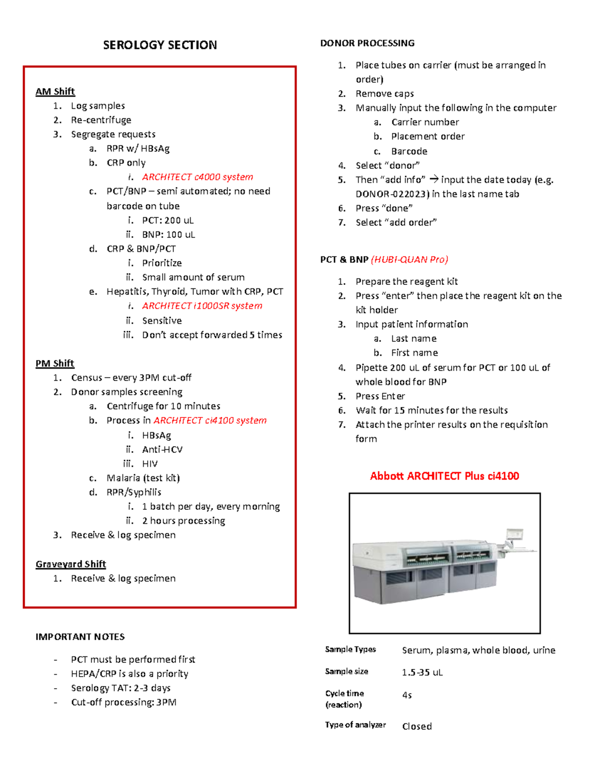 Serology Section - SEROLOGY SECTION AM Shift 1. Log samples 2. Re ...