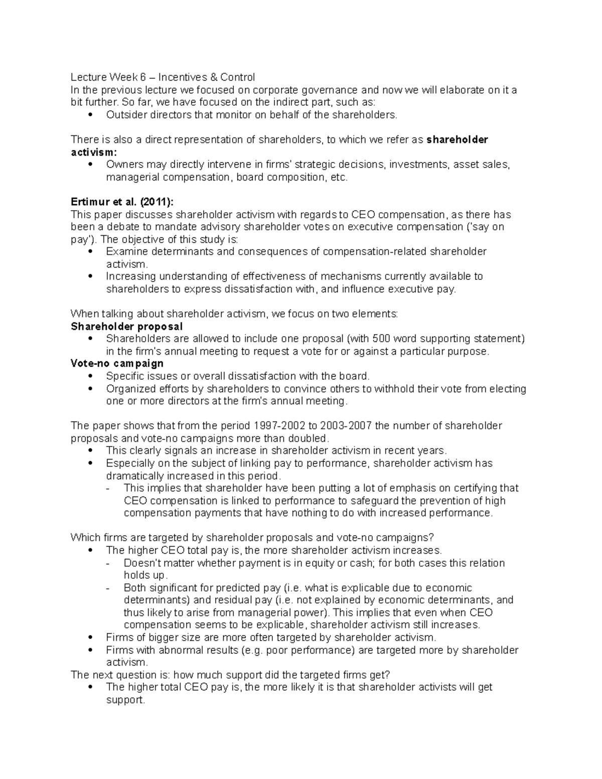 Lecture Week 6 - Incentives and control - Lecture Week 6 – Incentives ...