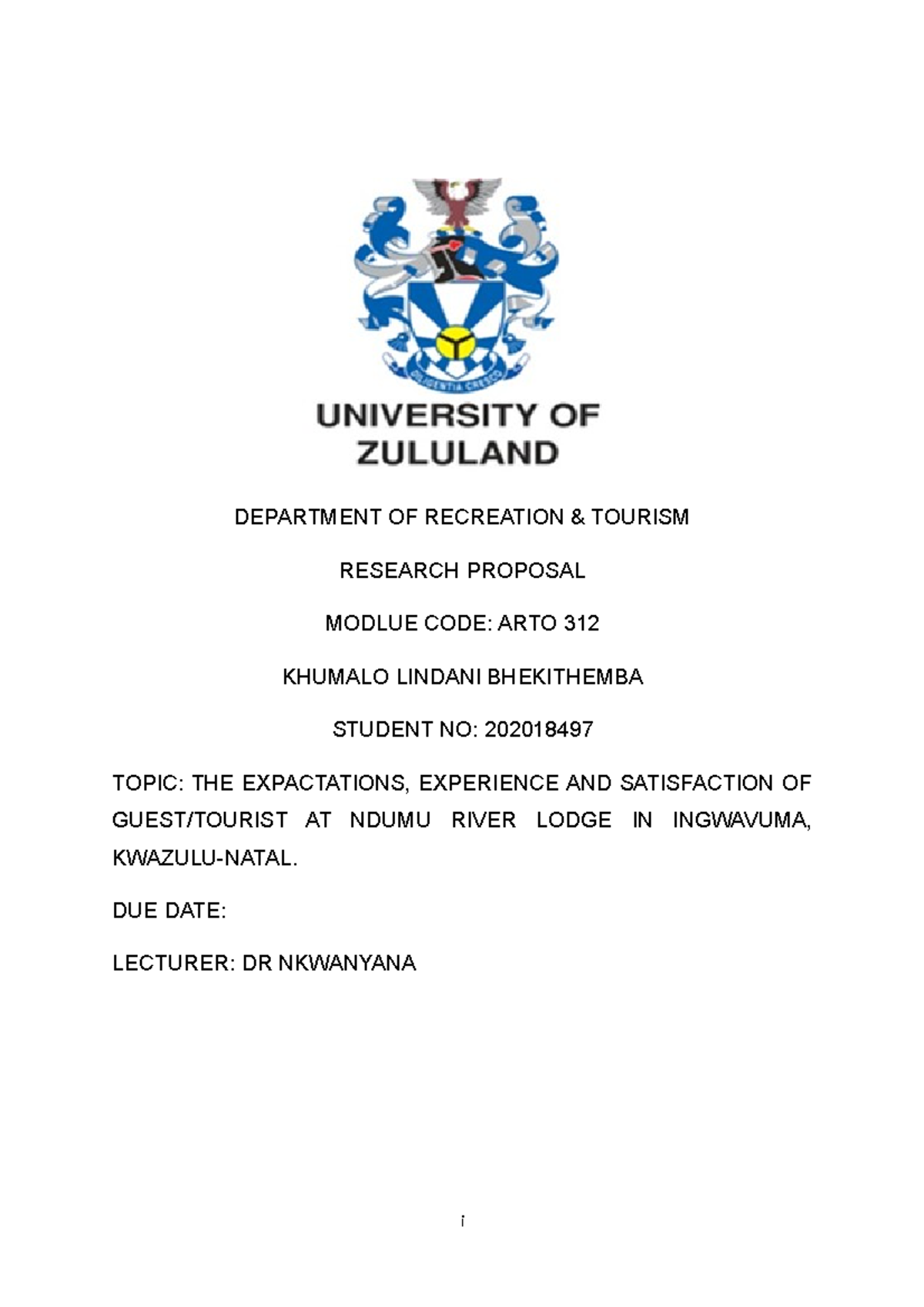 Reseach Proposal - DEPARTMENT OF RECREATION & TOURISM RESEARCH PROPOSAL ...