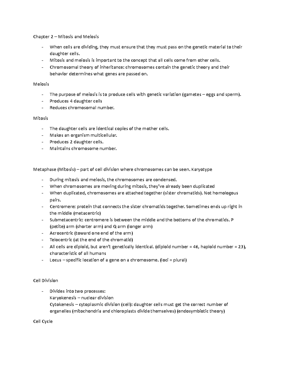 Chapter 2 - Mitosis and Meiosis Notes - Chapter 2 – Mitosis and Meiosis ...