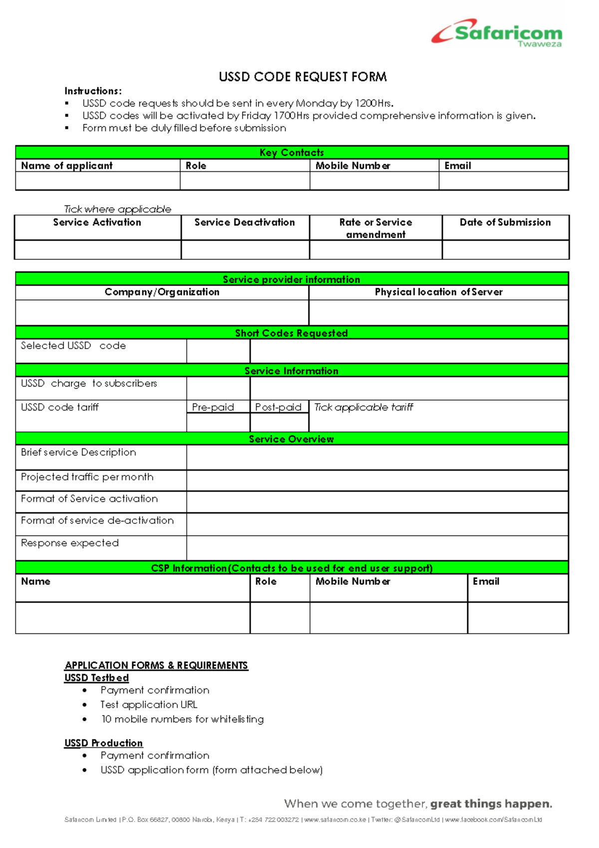 USSD Code Application Form Safaricom Limited P Box 66827 00800